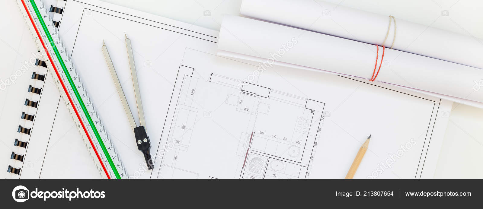 Creative Flat Lay Long Wide Banner Top View Blueprints Architectural ...