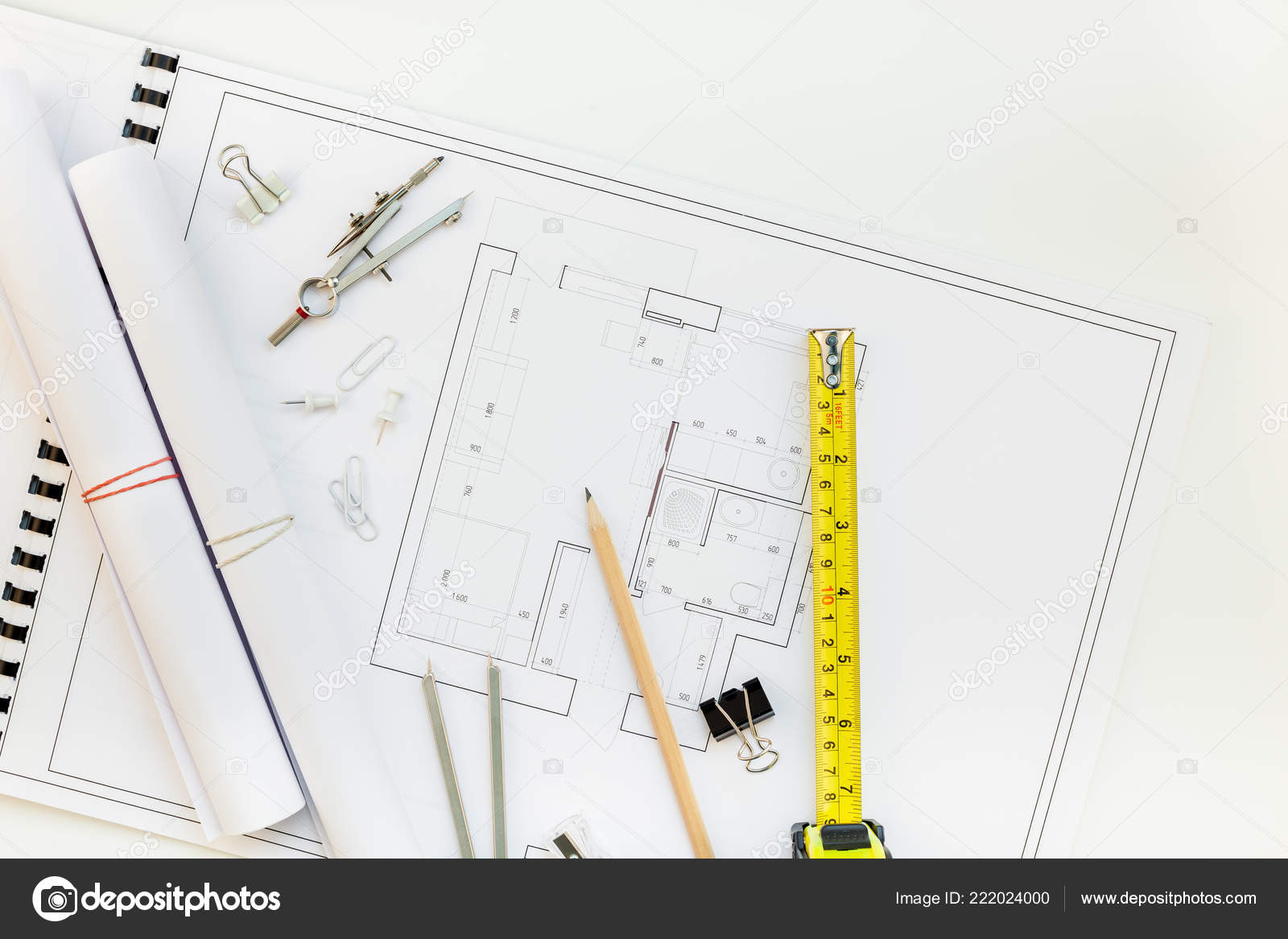 Creative Flat Lay Overhead Top View Blueprints Architectural Flat ...