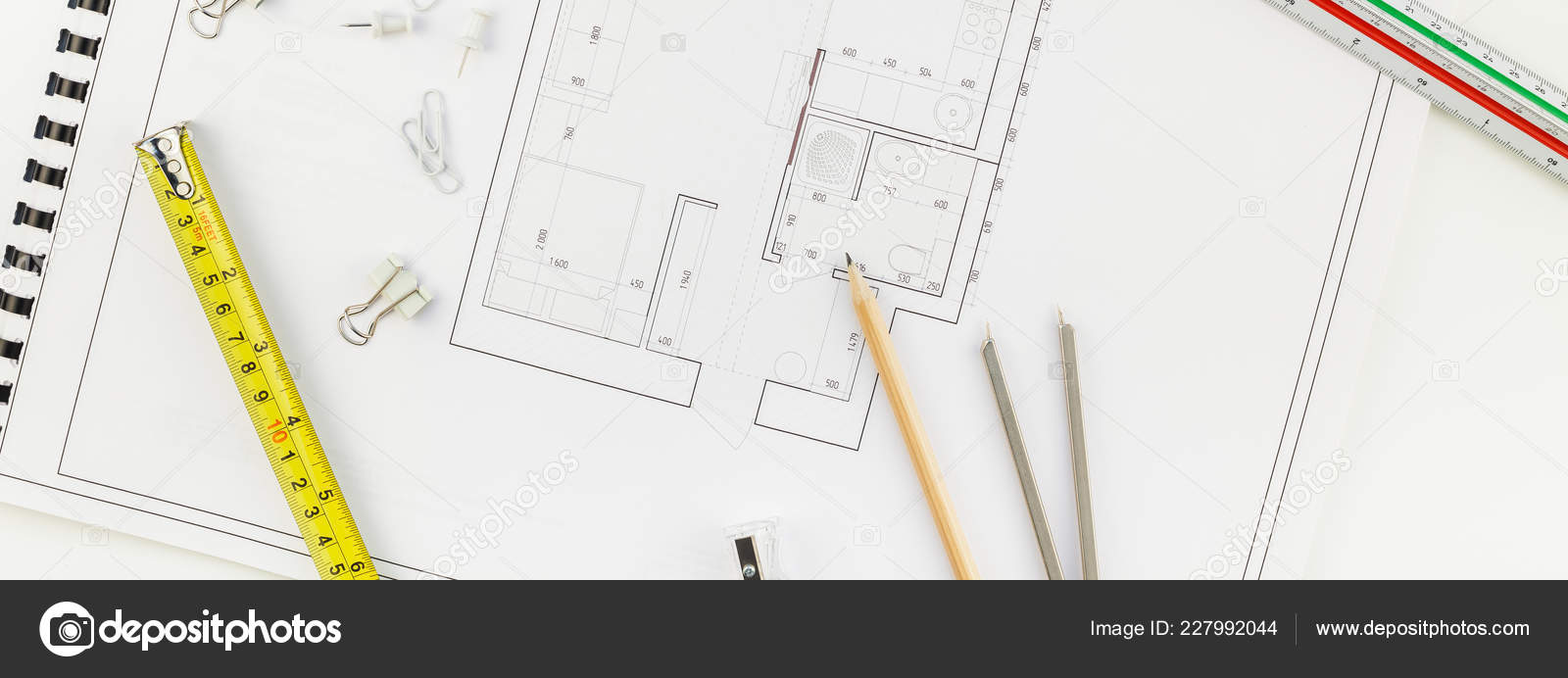 Creative Flat Lay Long Wide Banner Top View Blueprints Architectural ...