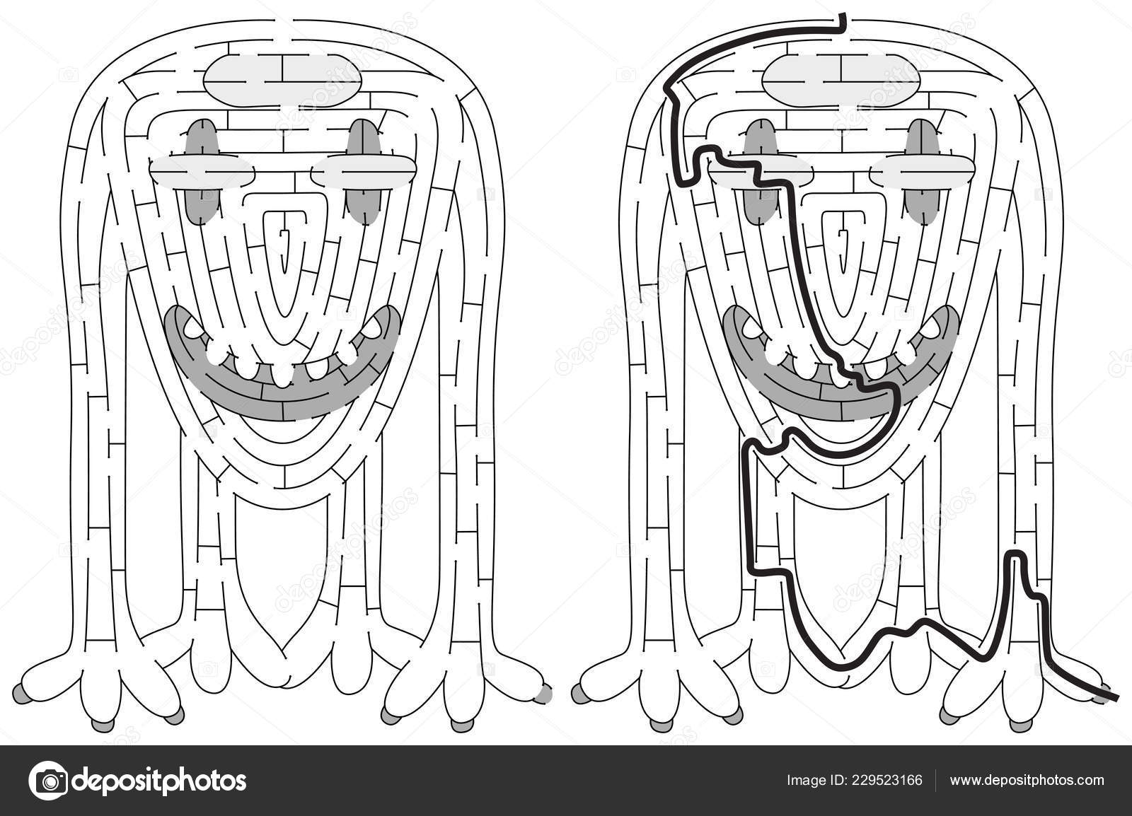 Labirin Monster Kecil Untuk Anak Anak Dengan Solusi Hitam Dan Vektor ...