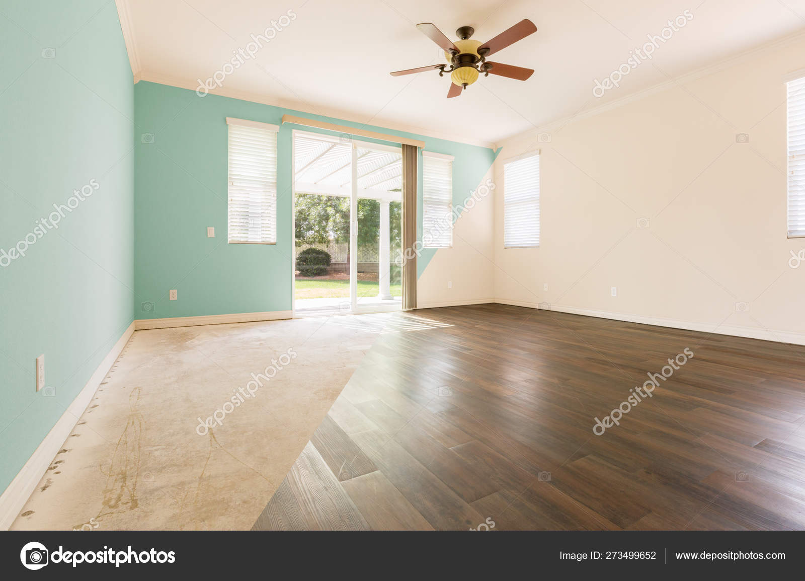 Tomt rum med tvärsnitt som visar före och efter med nytt trägolv och ...