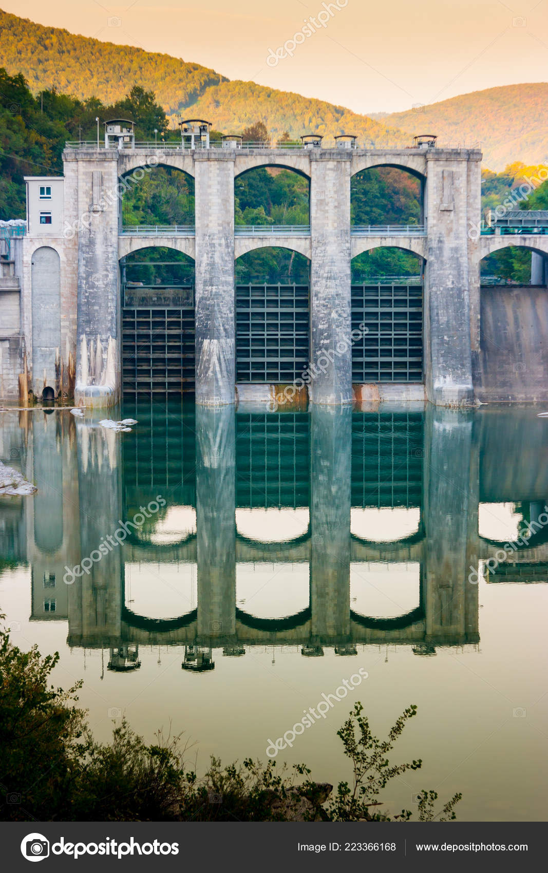Vertical View Dam Gates Reflecting Waters Soca River Slovenia Stock ...