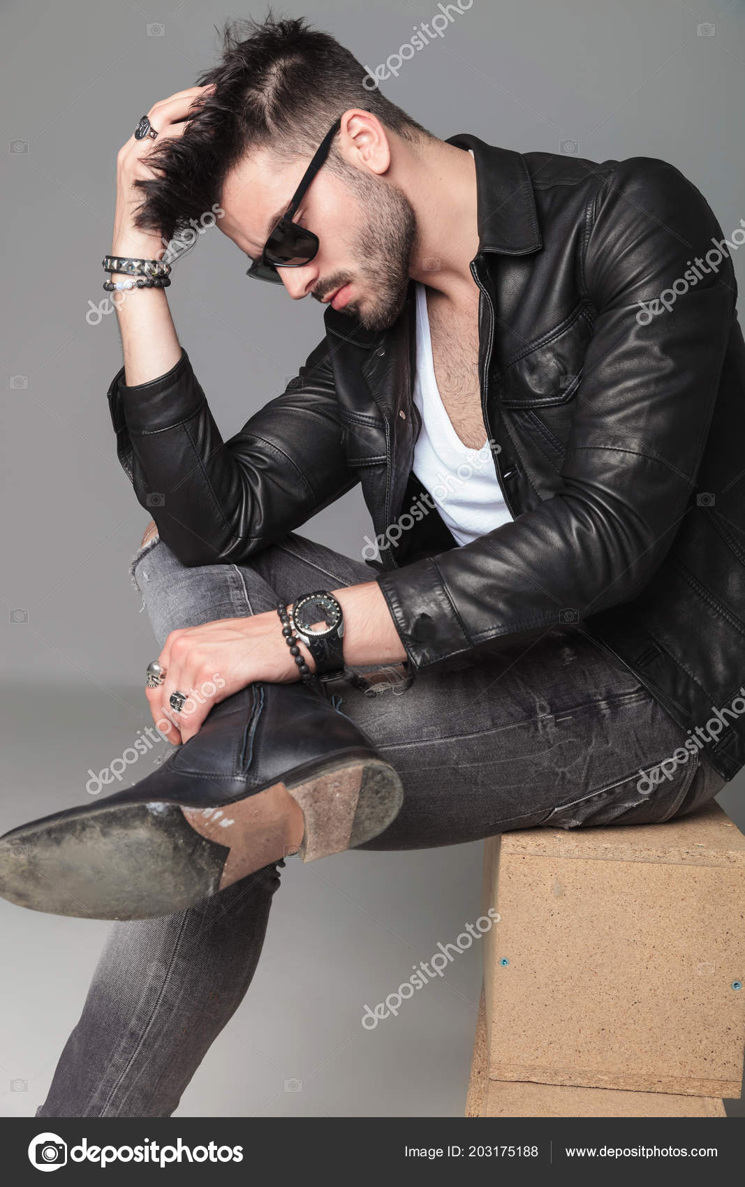 Side View Attractive Man Leather Jacket Sitting Wooden Crates Legs ...