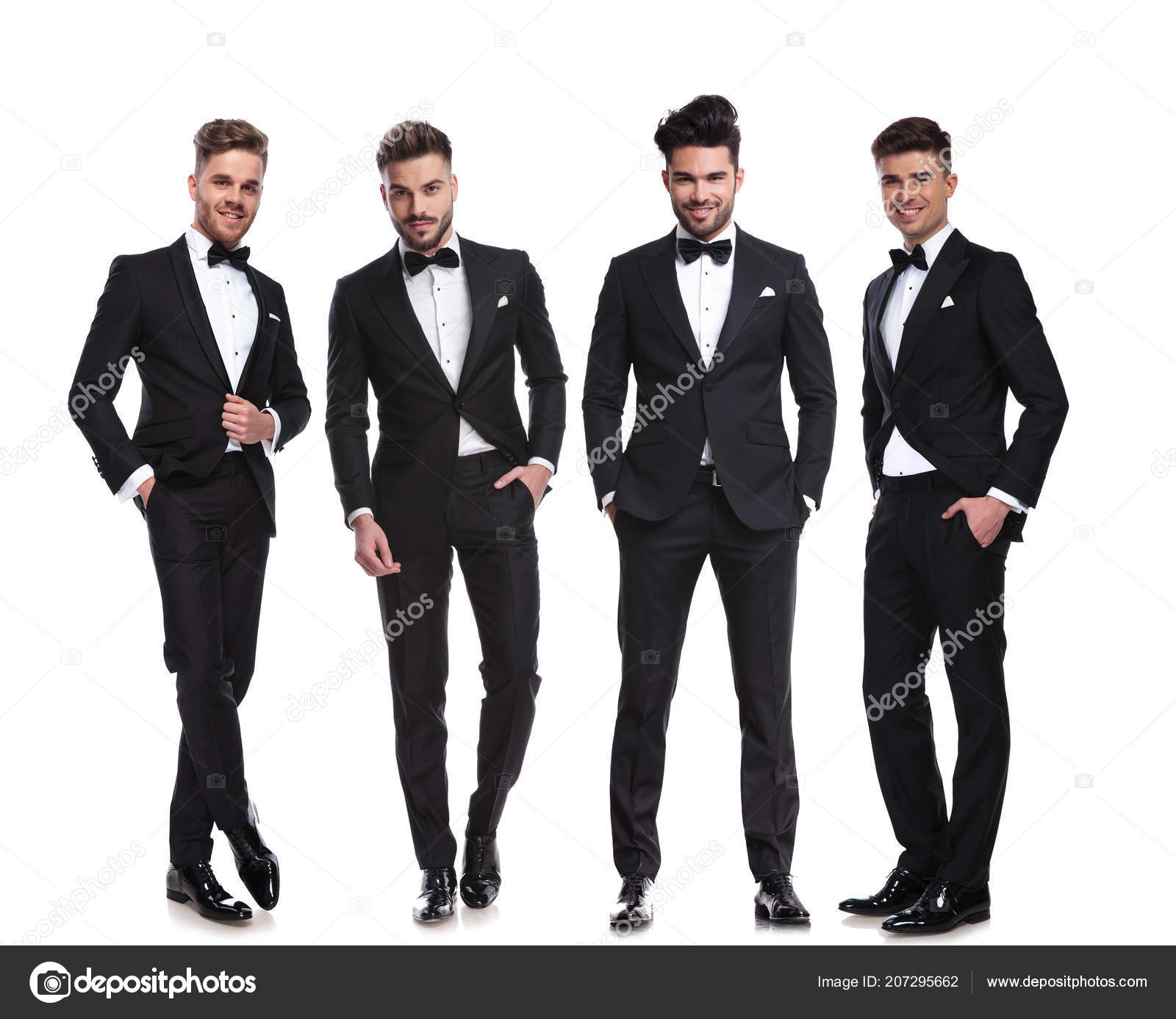 Elegant Group Four Men Standing White Background Hands Pockets Full ...