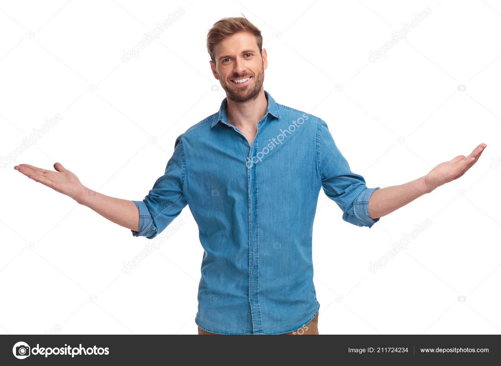 Young Casual Man Welcoming Smile White Background Stock Photo by ...