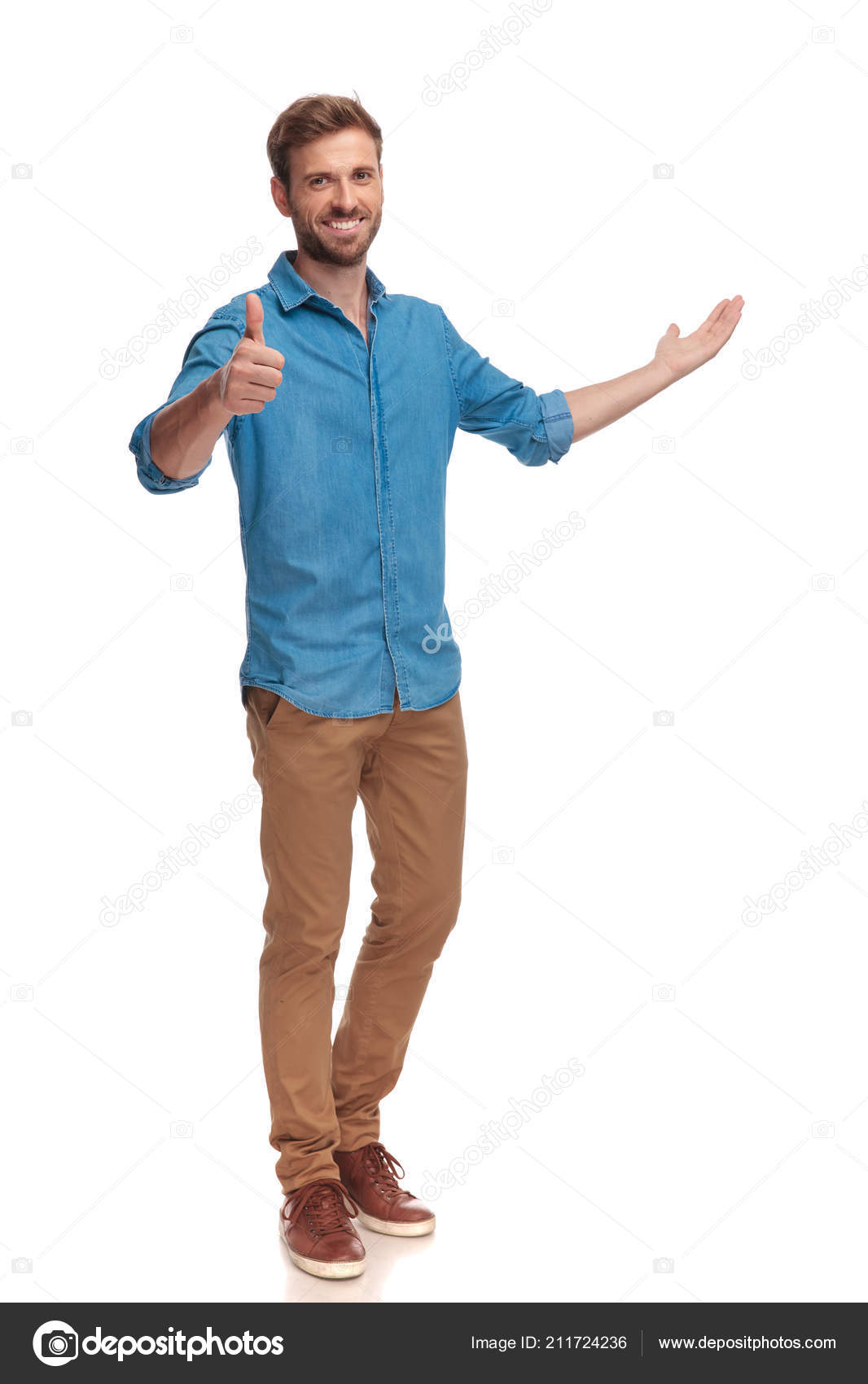 Full Body Picture Casual Man Presenting Making Sign White Background ...