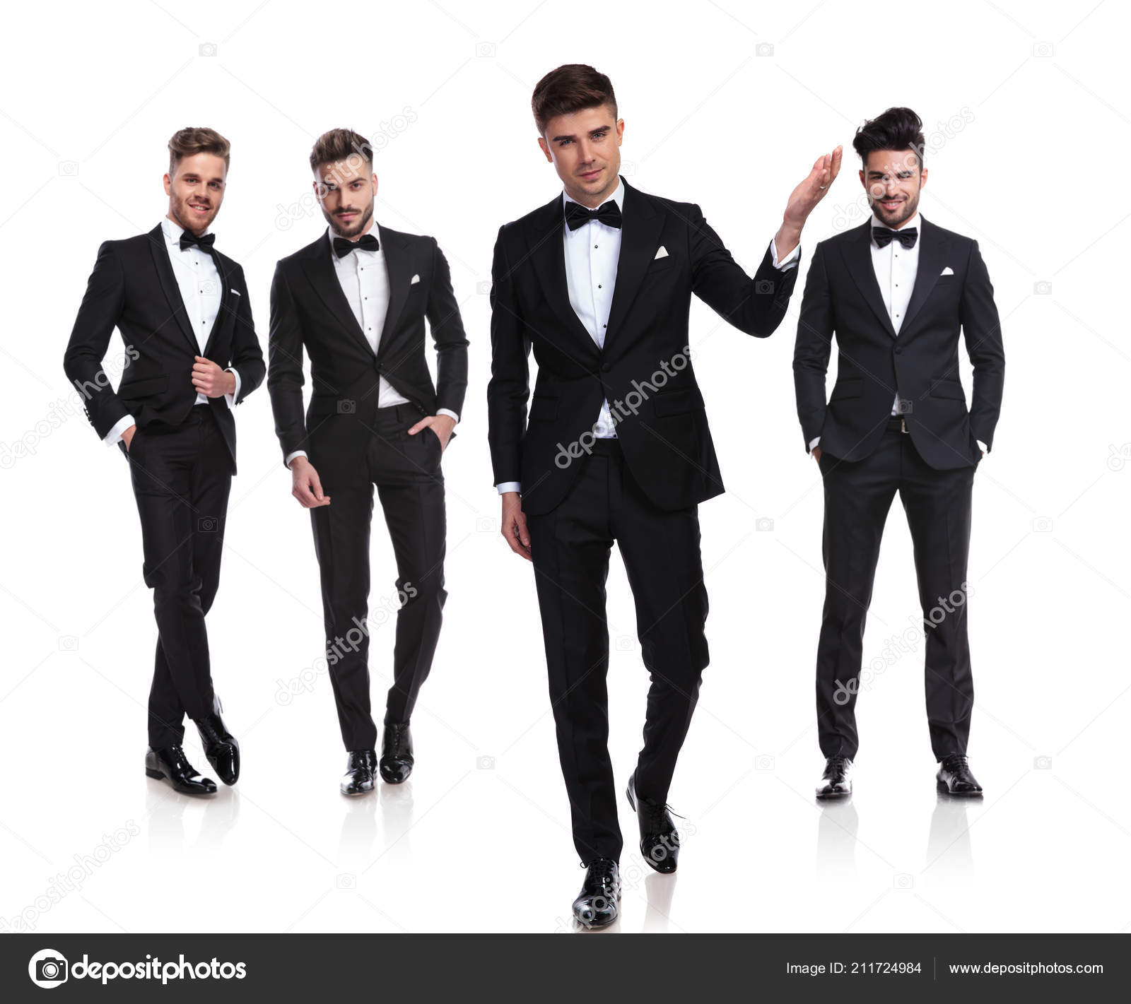 Team Four Gentlemen Standing White Background Leader Stepping Front ...