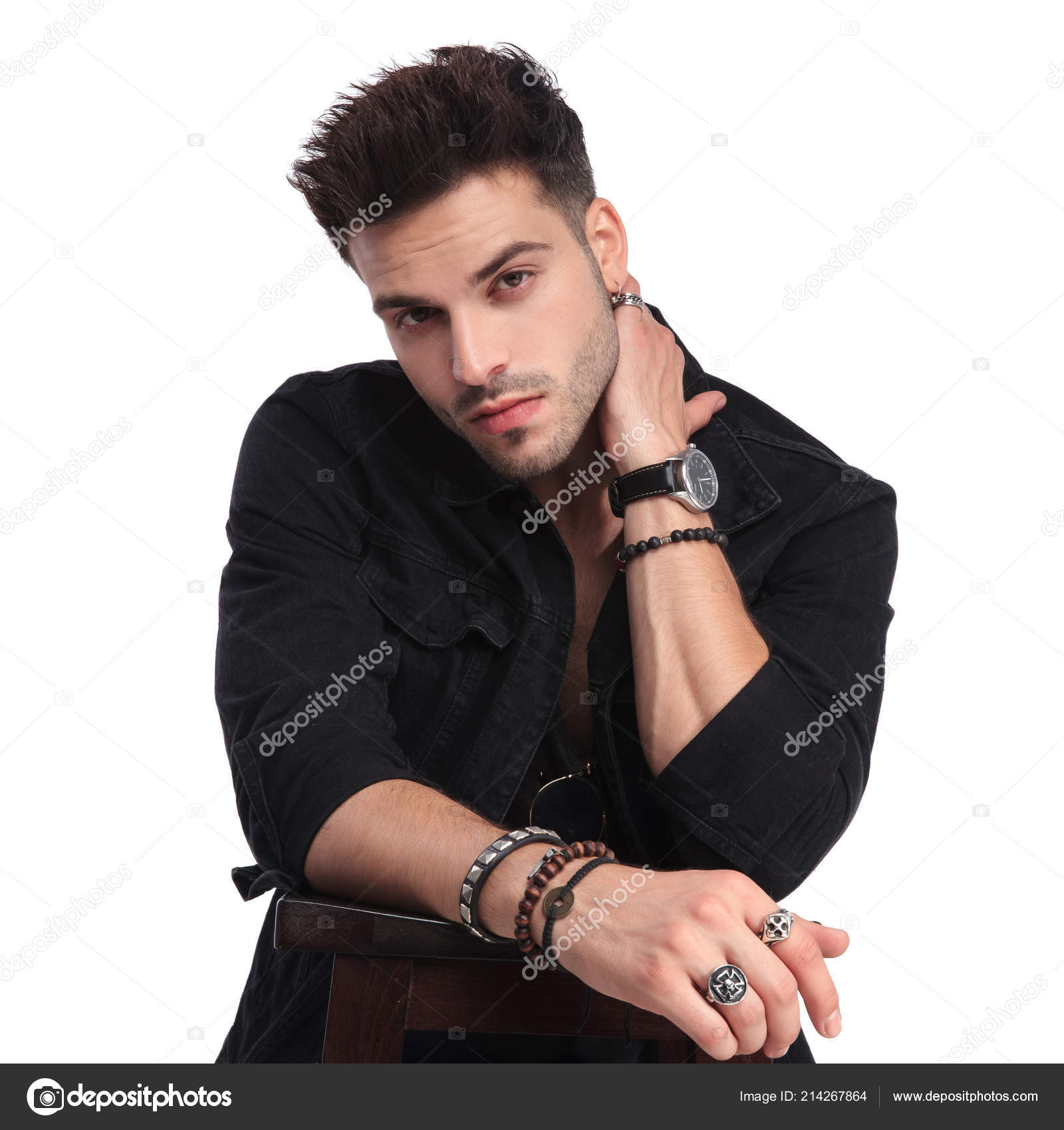 Portrait Seductive Man Black Clothes Holding His Neck While Leaning ...