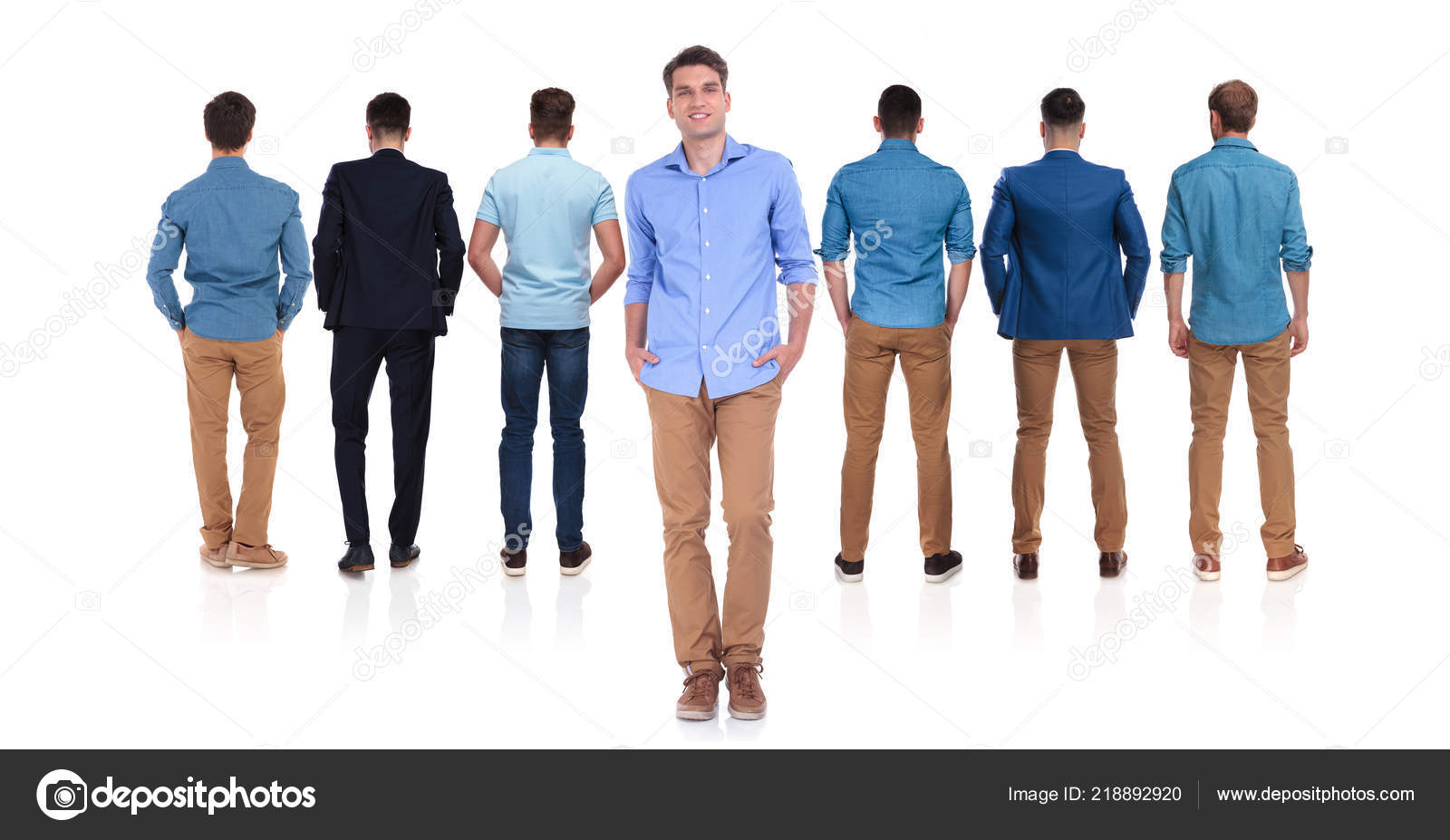 Rear View Team Seven Men Standing Hands Pockets Casual Leader Stock ...