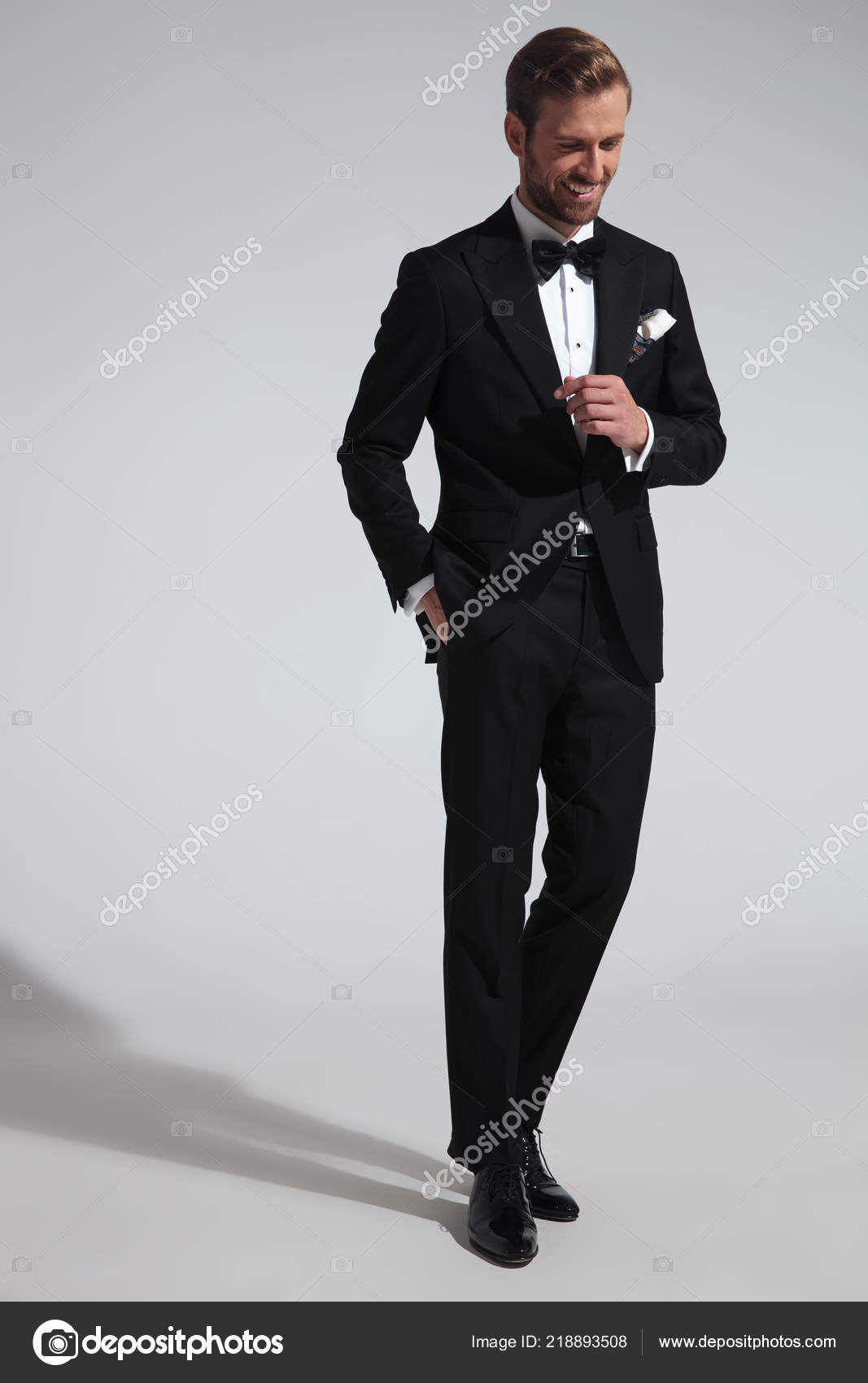 Relaxed Elegant Man Tuxedo Laughing While Standing Grey Studio ...