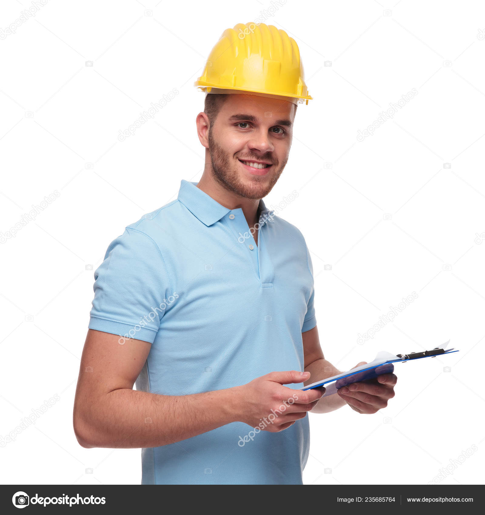 Portrait Young Engineer Student Holding Blue Clipboard While Standing ...