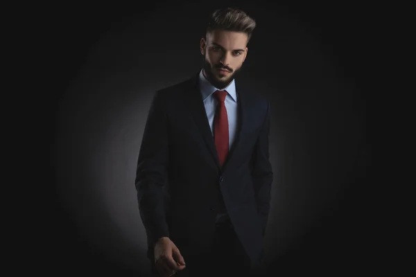 Portrait Relaxed Smart Casual Man Standing Black Background Parted Lips ...