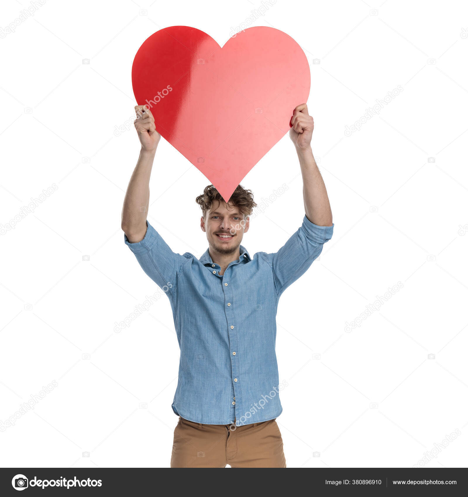 Happy Young Guy Holding Big Red Heart Head Smiling Standing — Stock ...