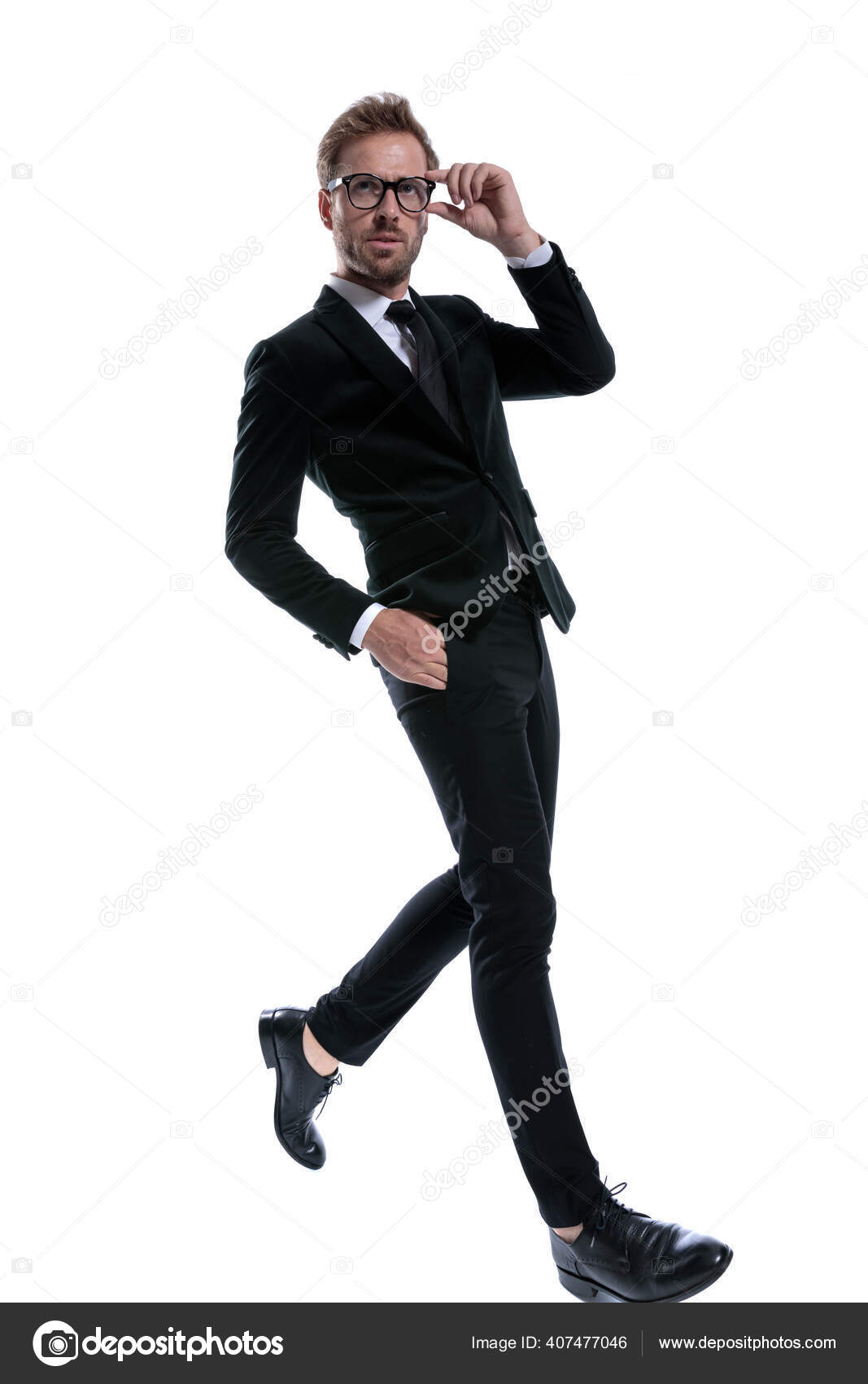 Side View Cool Fashion Man Black Suit Fixing Glasses Holding Stock ...