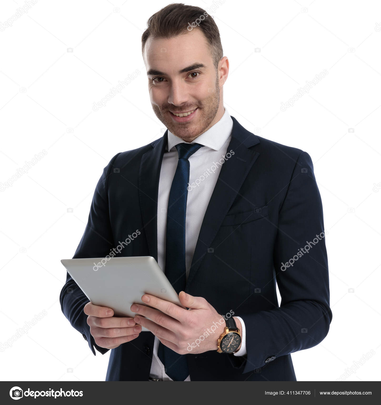 Happy Businessman Smiling Holding Tablet Smiling While Standing White ...