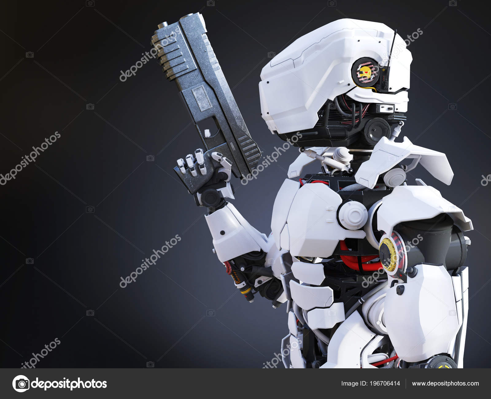 Renderização Uma Polícia Robô Futurista Soldado Segurando Uma Arma ...