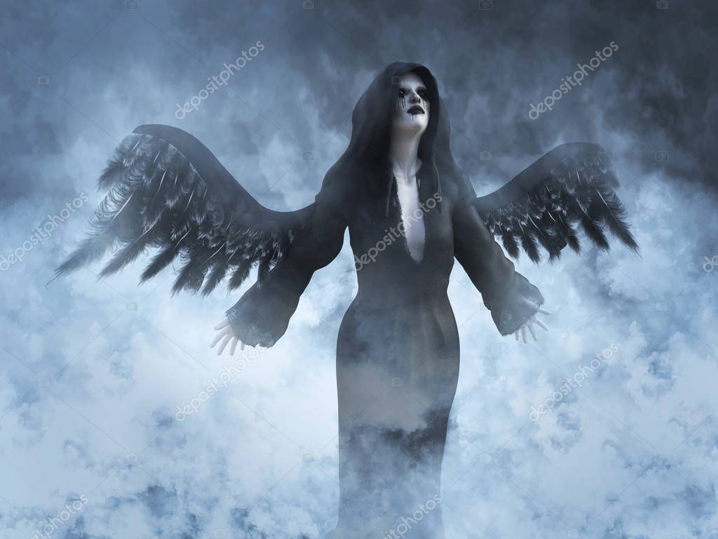 Un ángel de la muerte con sus alas negras extendidas, representación 3D ...
