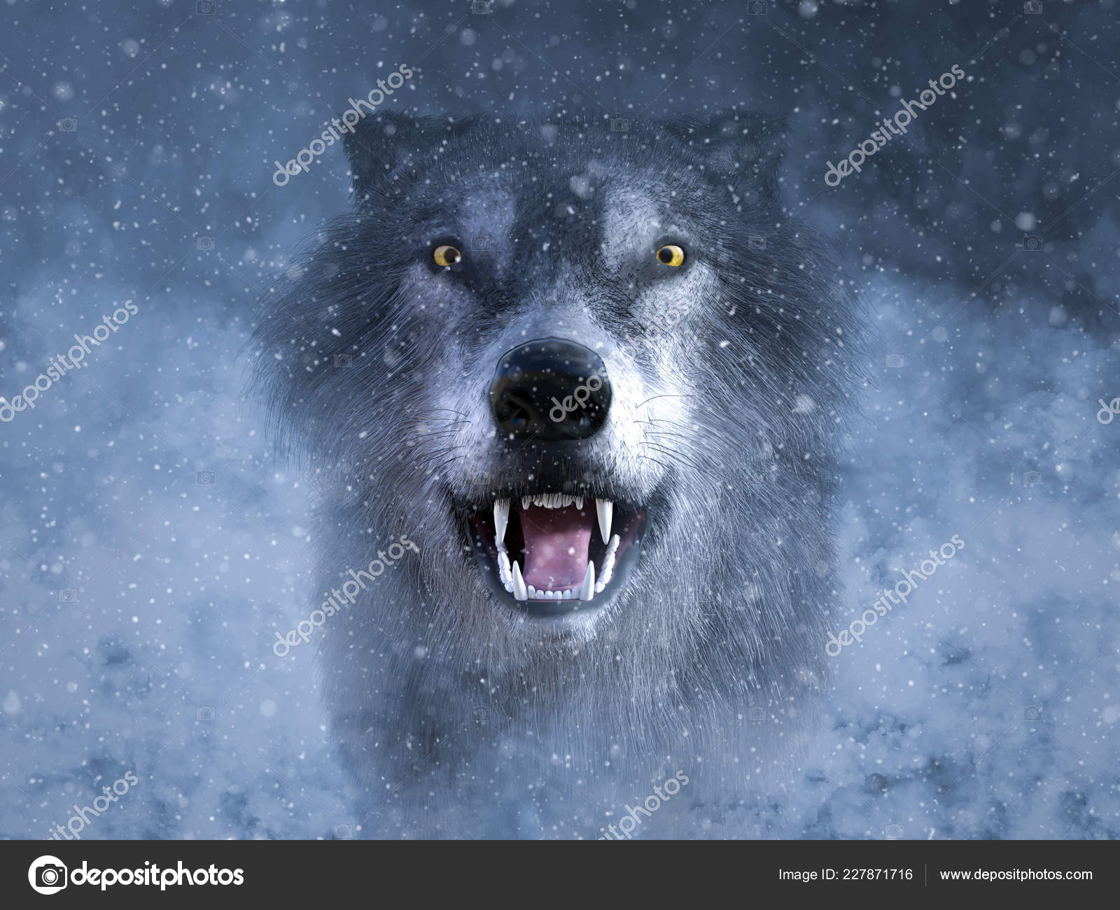 Rendering Gray Wolf Looking Ready Attack Growling Middle Snow Storm ...