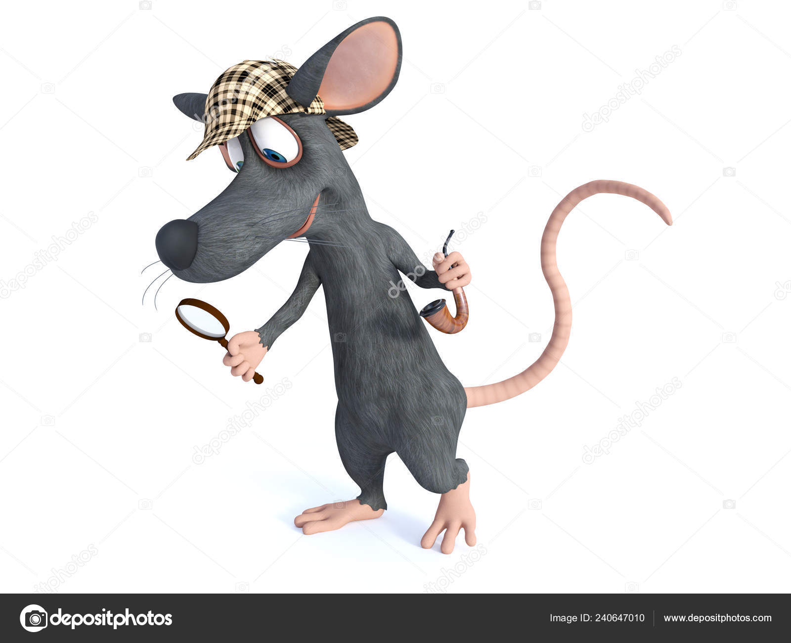 Rendering Cute Smiling Cartoon Mouse Holding Magnifying Glass Pipe ...