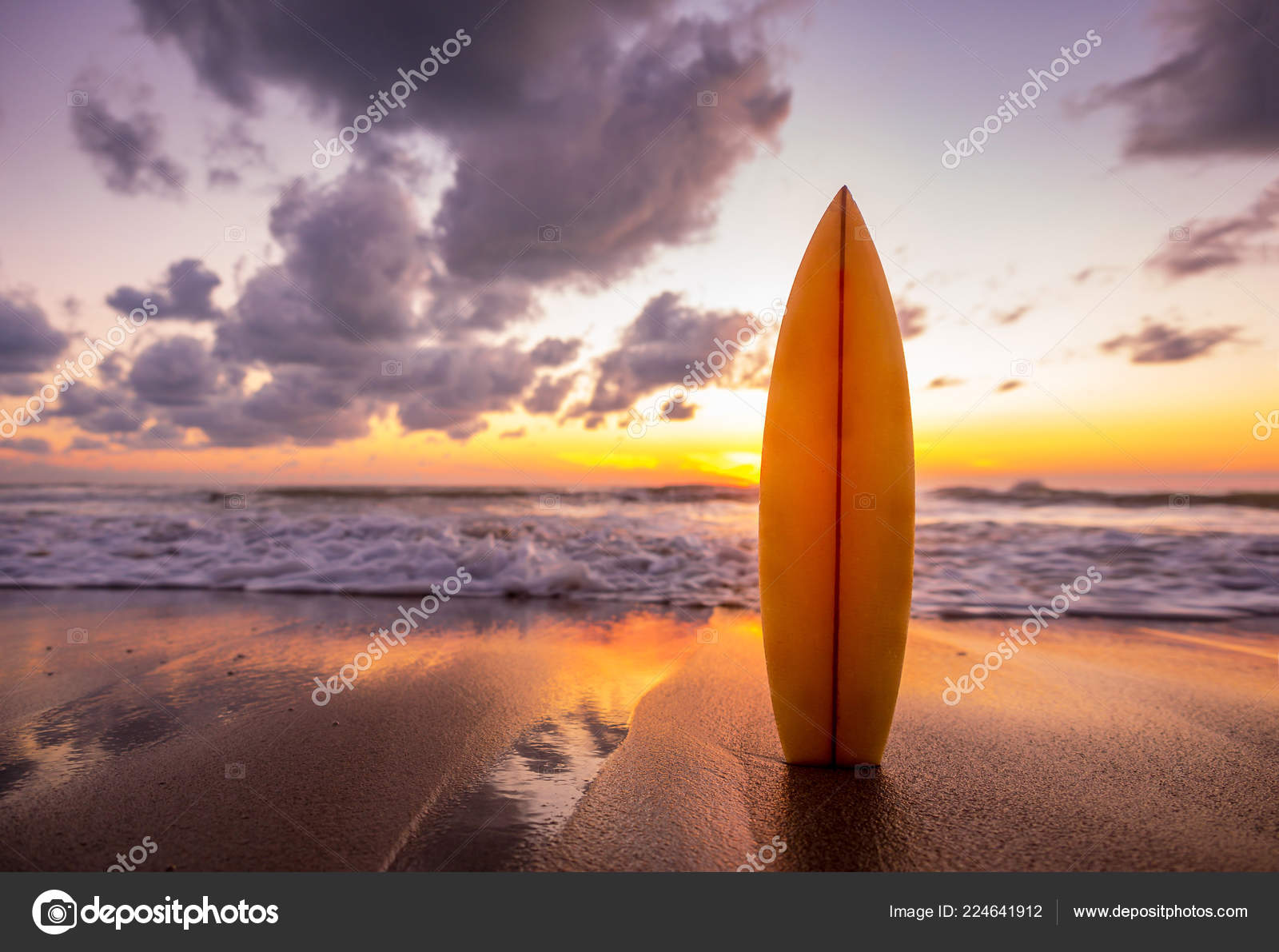 Surfboard Beach Sea Shore Sunset Time Beautiful Light Water Sport Stock ...