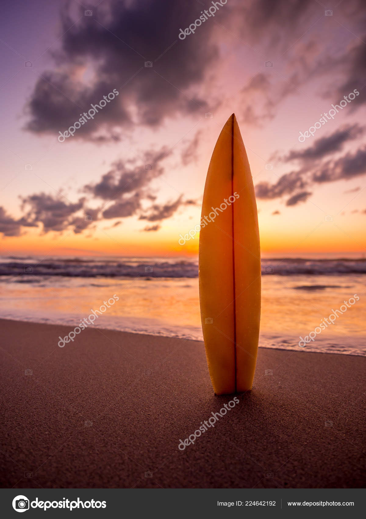 Surfboard Beach Sea Shore Sunset Time Beautiful Light Water Sport Stock ...