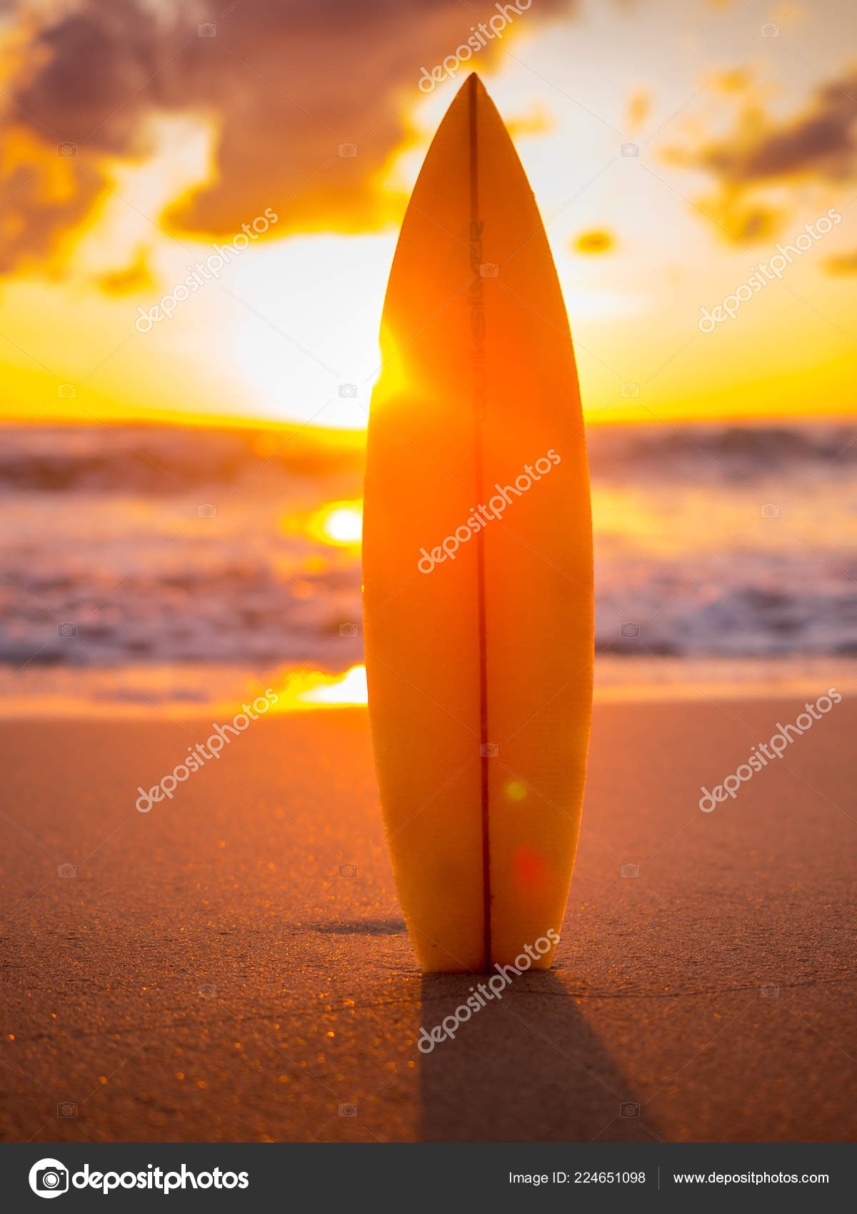 Surfboard Beach Sea Shore Sunset Time Beautiful Light Water Sport Stock ...