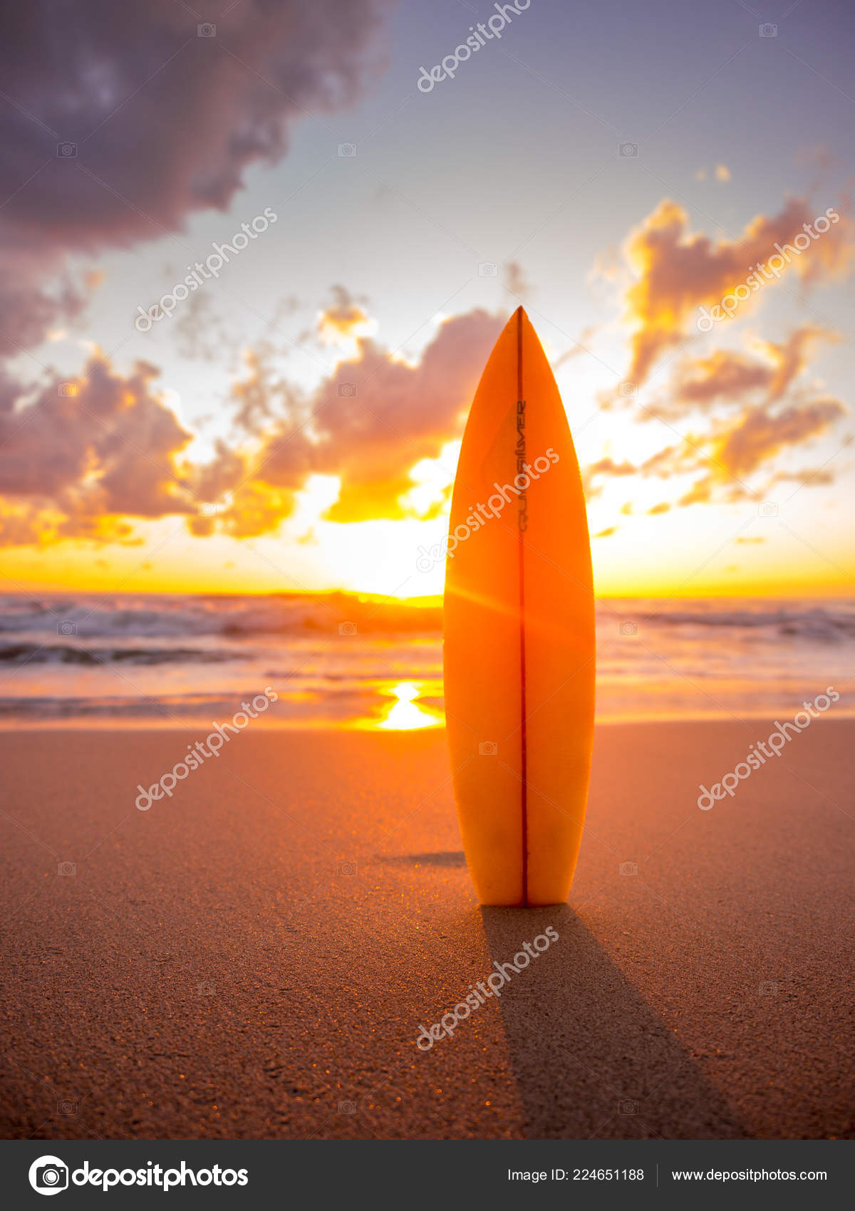 Surfboard Beach Sea Shore Sunset Time Beautiful Light Water Sport Stock ...