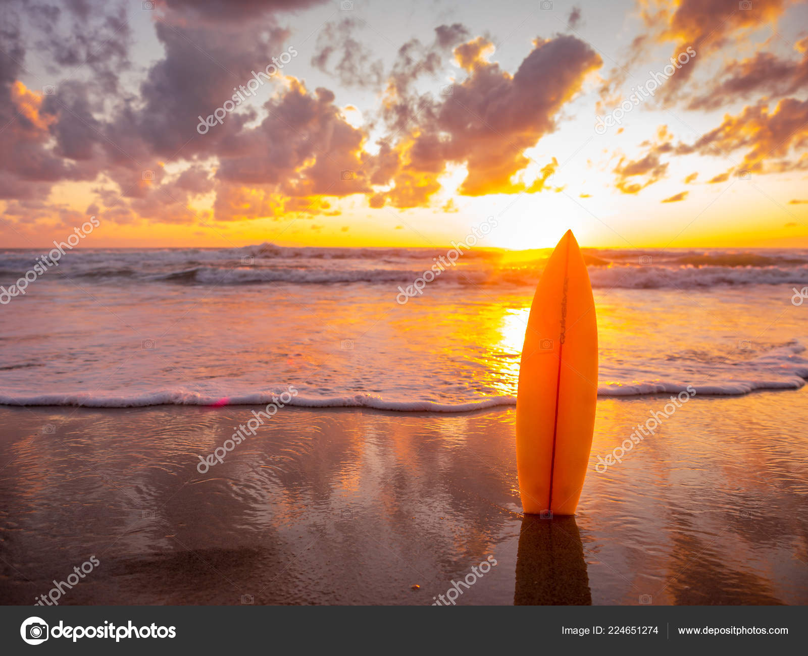 Surfboard Beach Sea Shore Sunset Time Beautiful Light Water Sport Stock ...