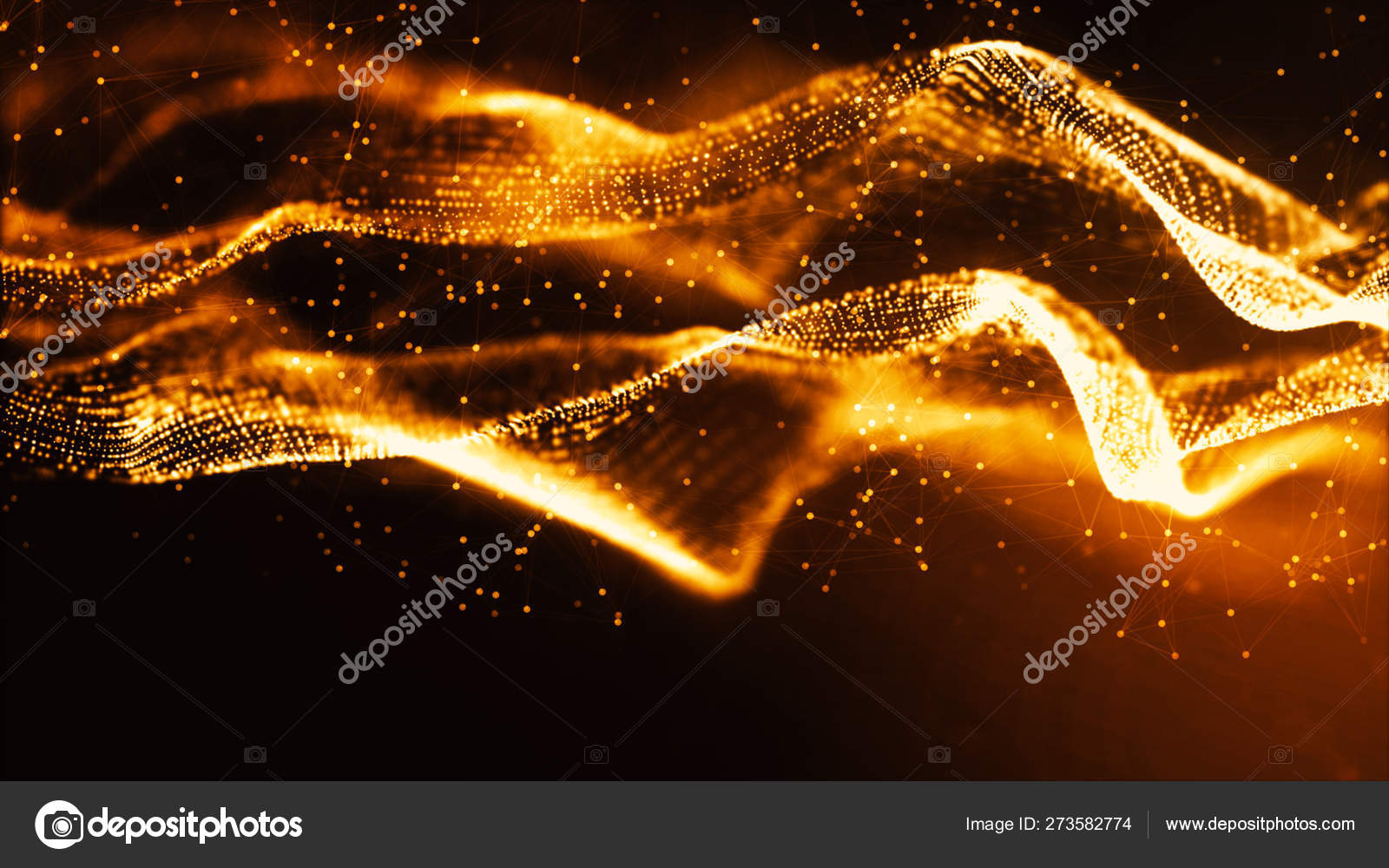 Digital gold color particles wave and bokeh abstract background — Stock ...