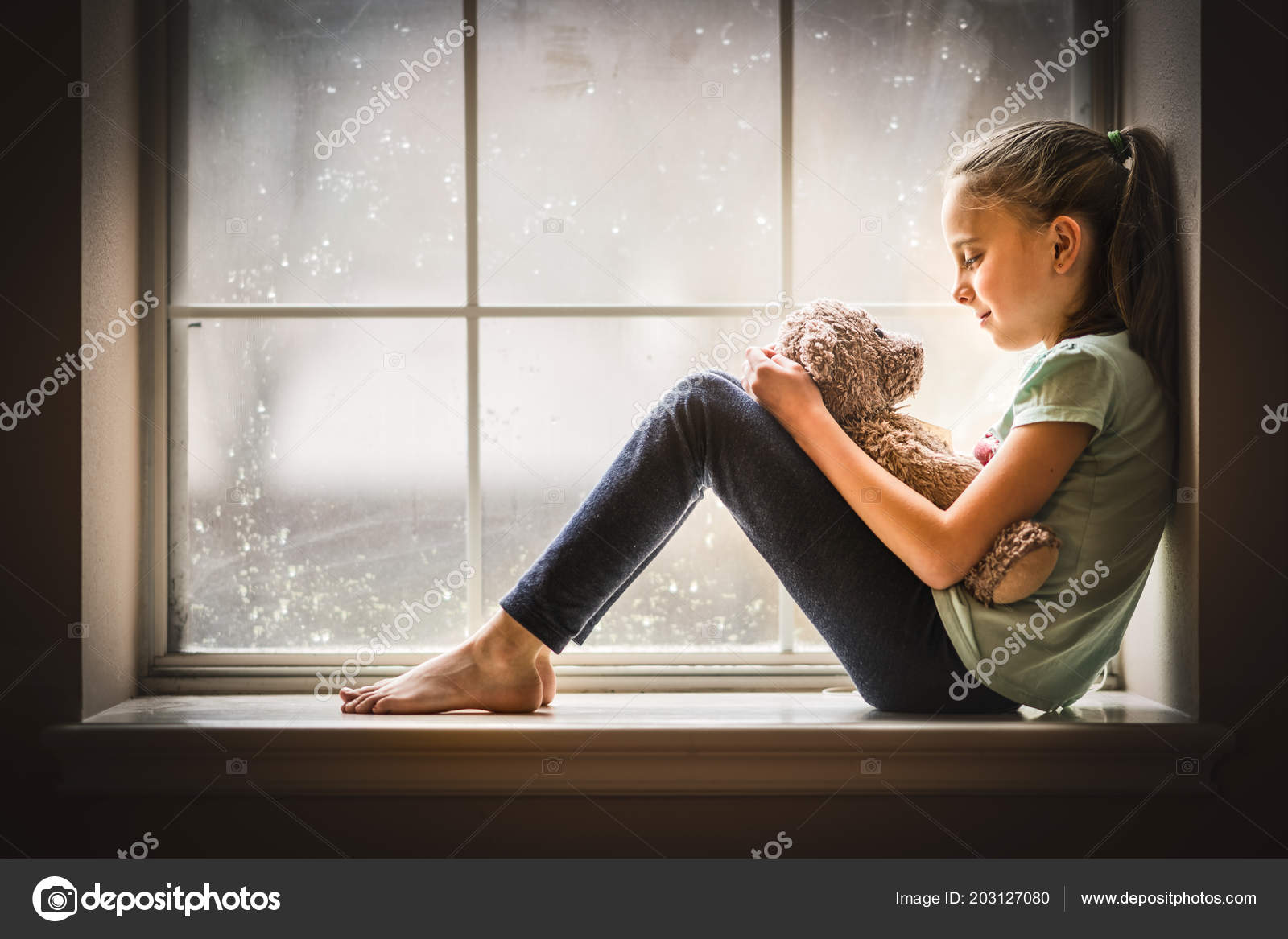 Girl Sitting Window Teddy Bear Stock Photo by ©keeweeboy 203127080