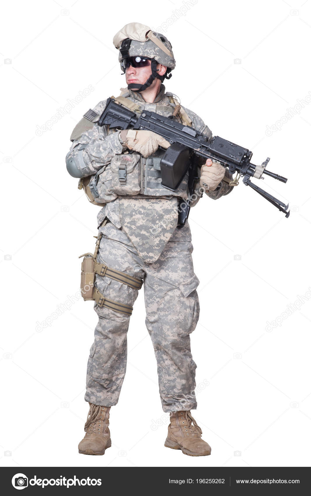 Full equipped US marine standing with machine gun Stock Photo by ...