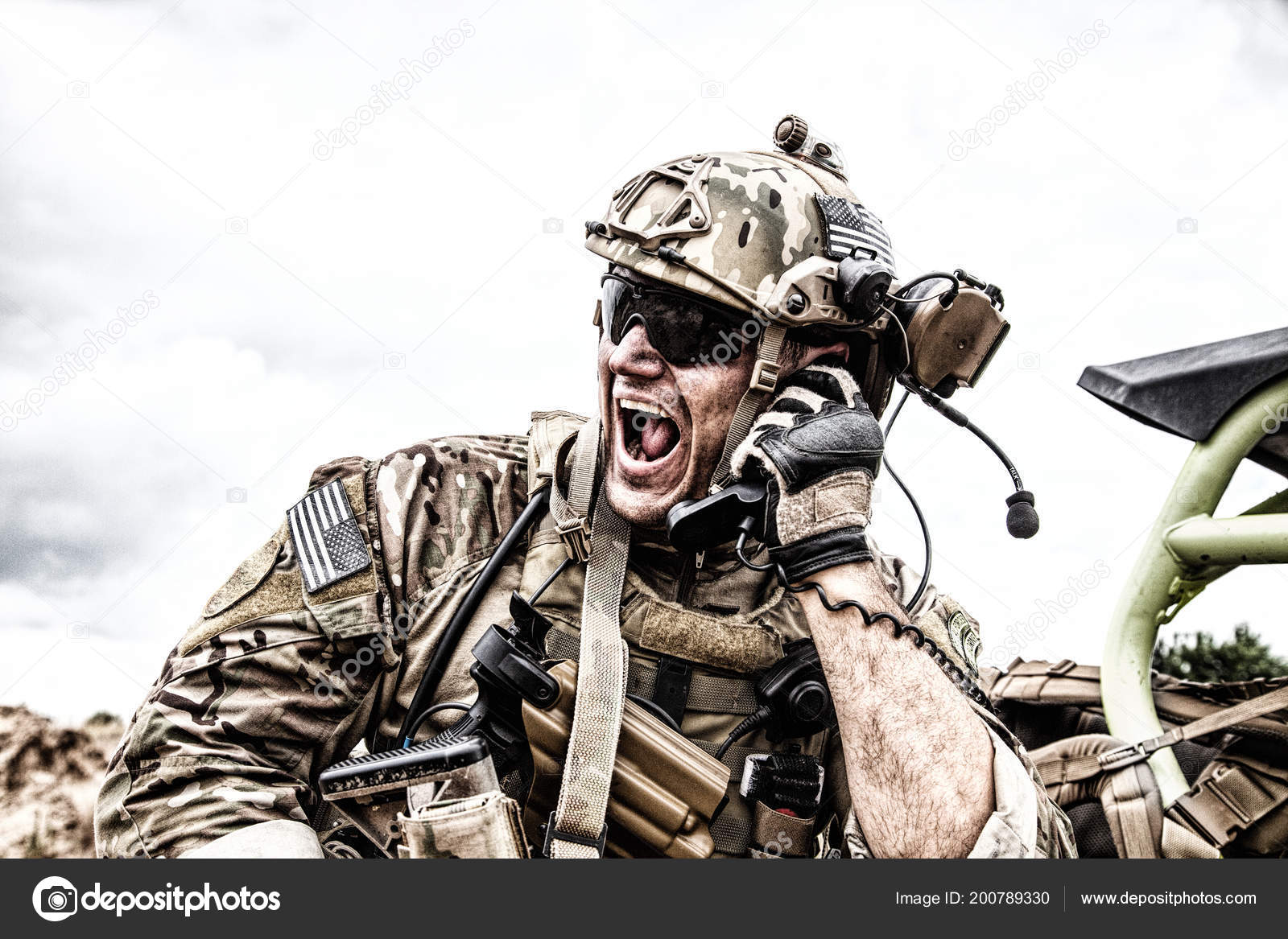 Soldier communicating with command during battle — Stock Photo ...
