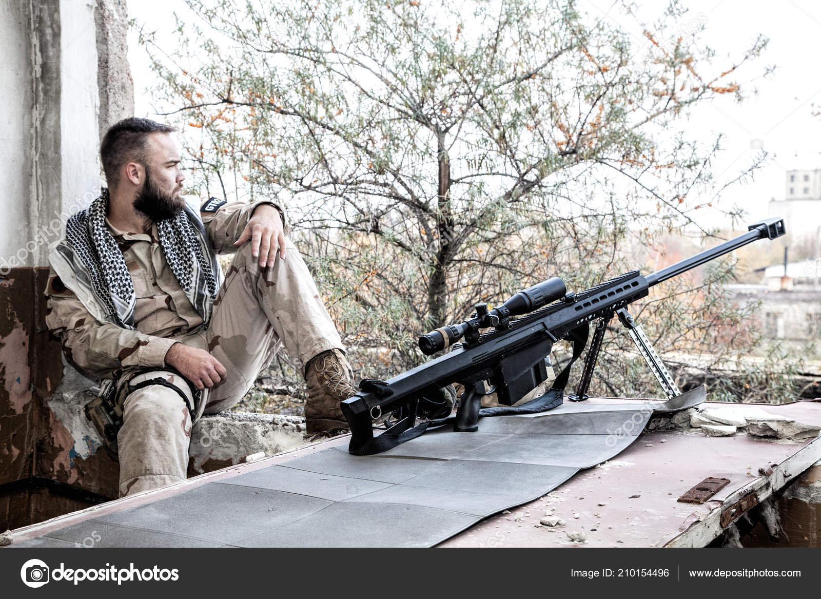 Elite squad sniper resting on city firing position Stock Photo by ...