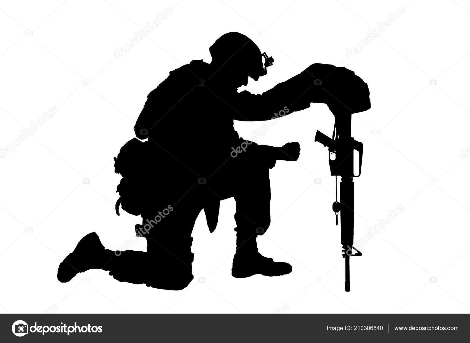 Sad soldier kneeling because of friend death — Stock Photo © zabelin ...