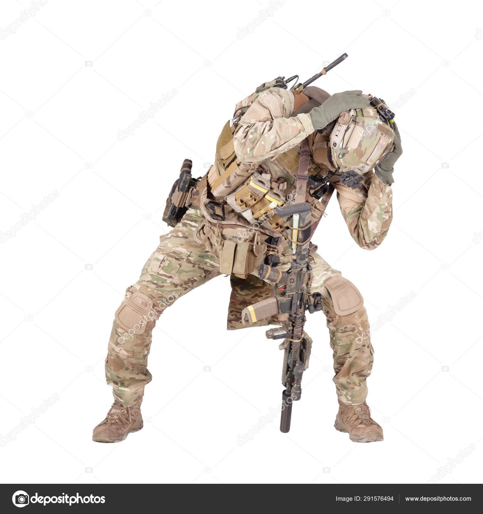 Infantryman hiding from explosion studio shoot isolated on white Stock ...