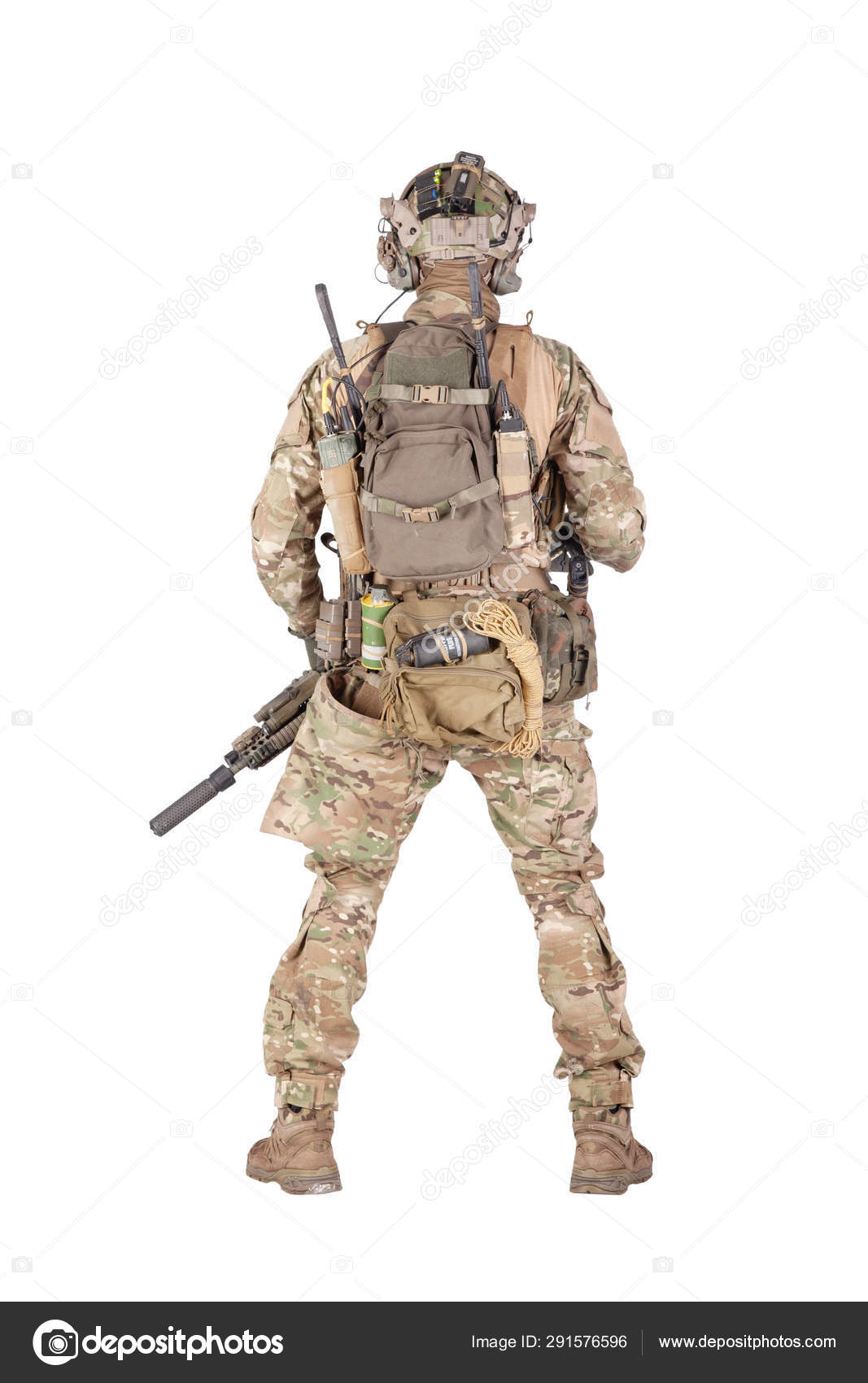 Armed army soldier standing backwards studio shoot — Stock Photo ...