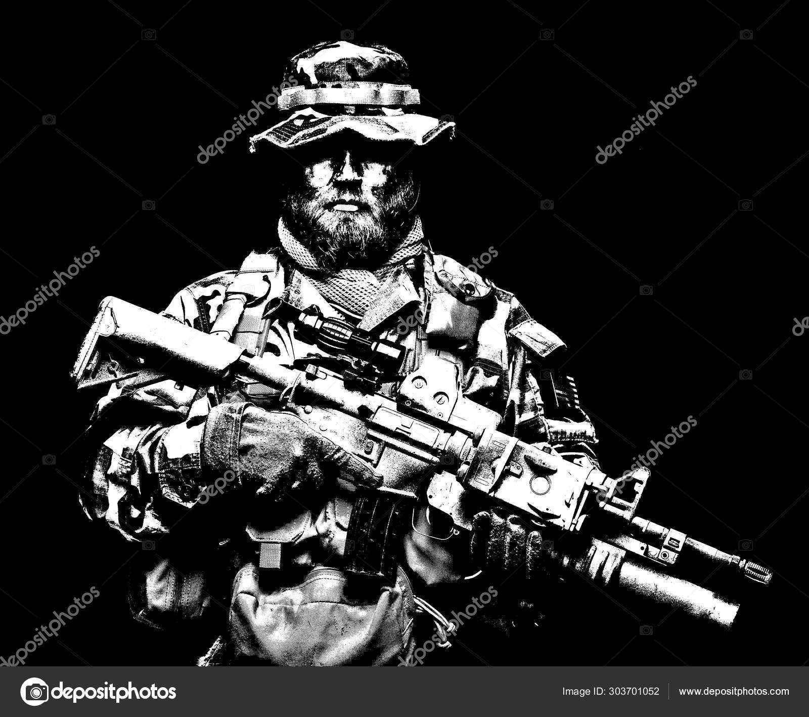 Commando soldier in battle ammunition, armed rifle — Stock Photo ...
