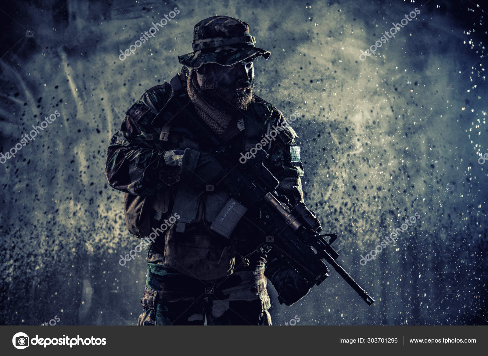 Commando fighter with rifle sneaking in darkness Stock Photo by ...
