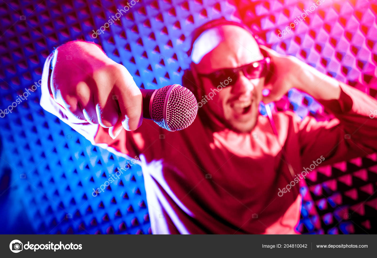 Singer Sings Microphone Recording Studio Modern Background Stock Photo ...