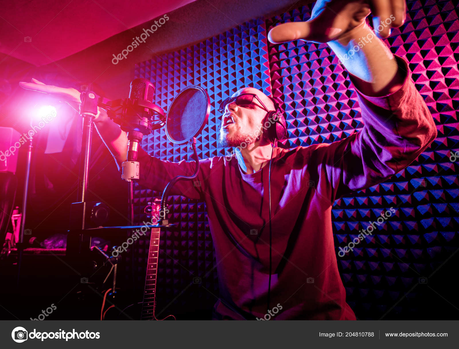 Singer Sings Microphone Recording Studio Modern Background Stock Photo ...
