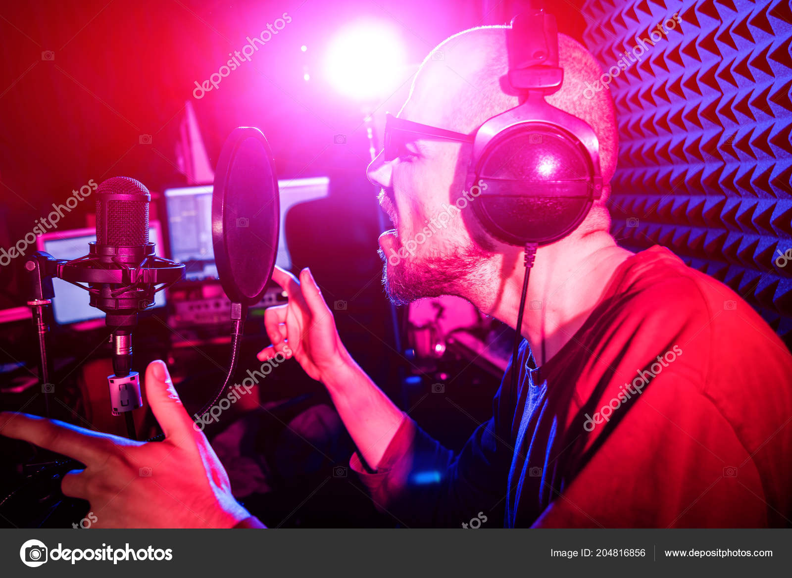 Singer Sings Microphone Recording Studio Modern Background Stock Photo ...