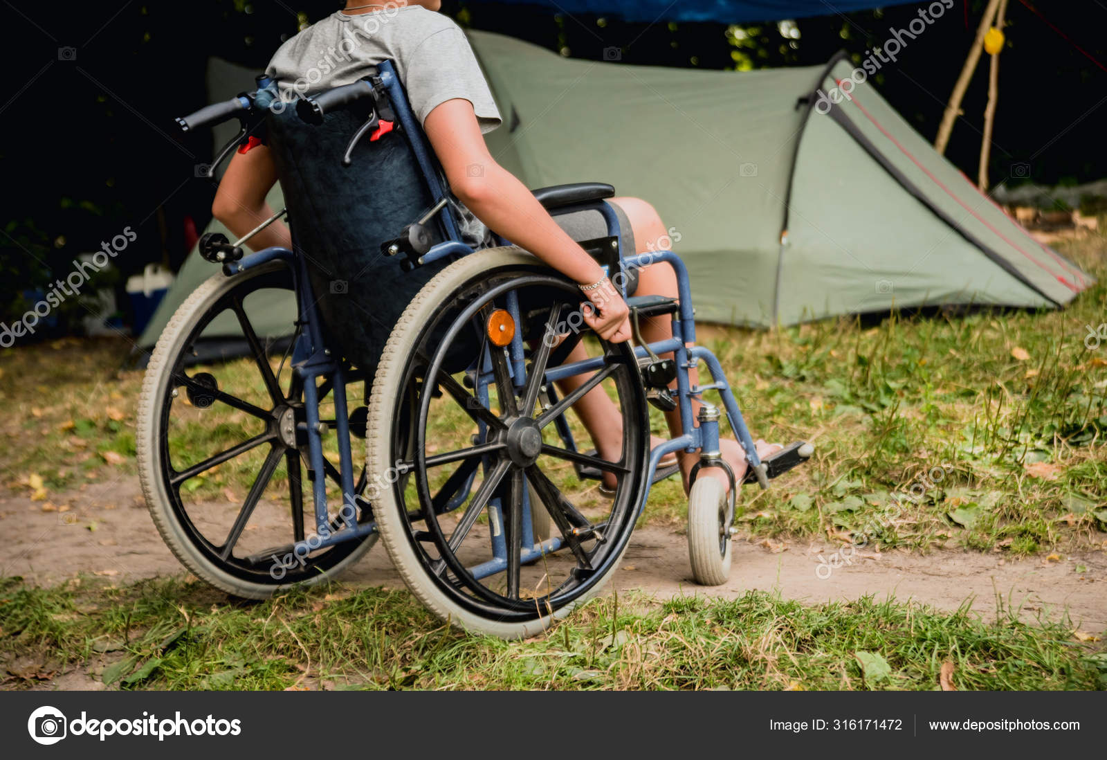 Disabled Man Resting Campsite Friends Wheelchair Forest Background ...