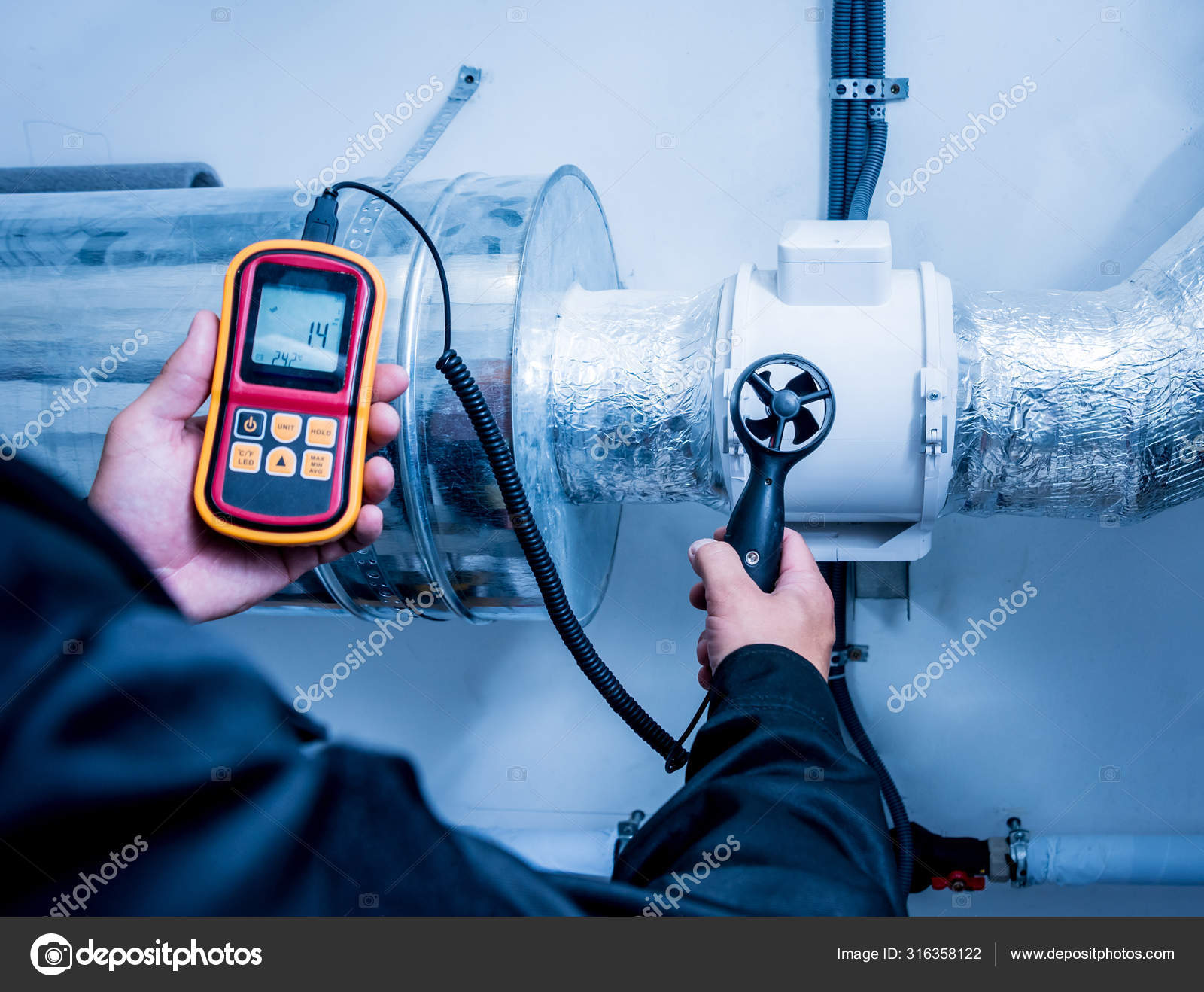 Technician Use Hand Held Anemometer Measuring Air Flowing Measurement ...