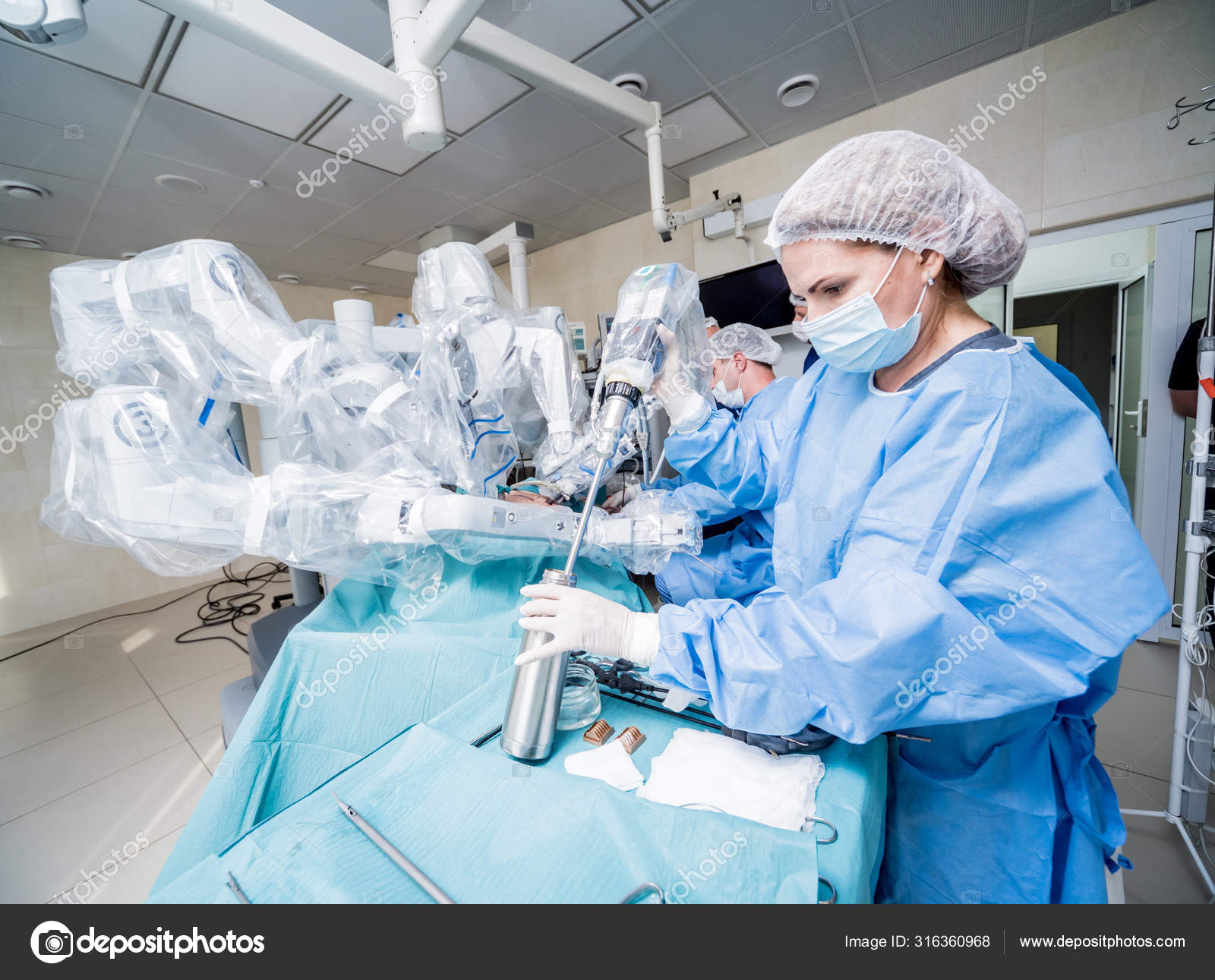 Modern surgical system. Medical robot. Minimally invasive robotic ...
