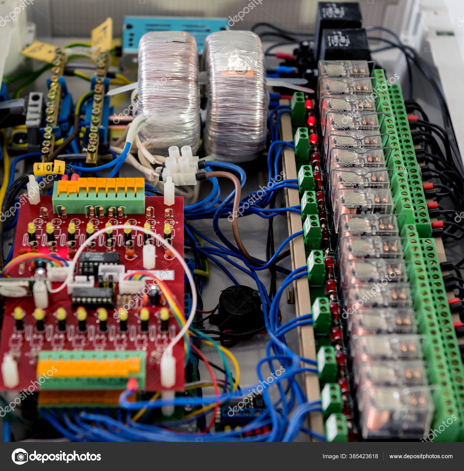 Voltage switchboard with circuit breakers. Electrical background. Stock ...
