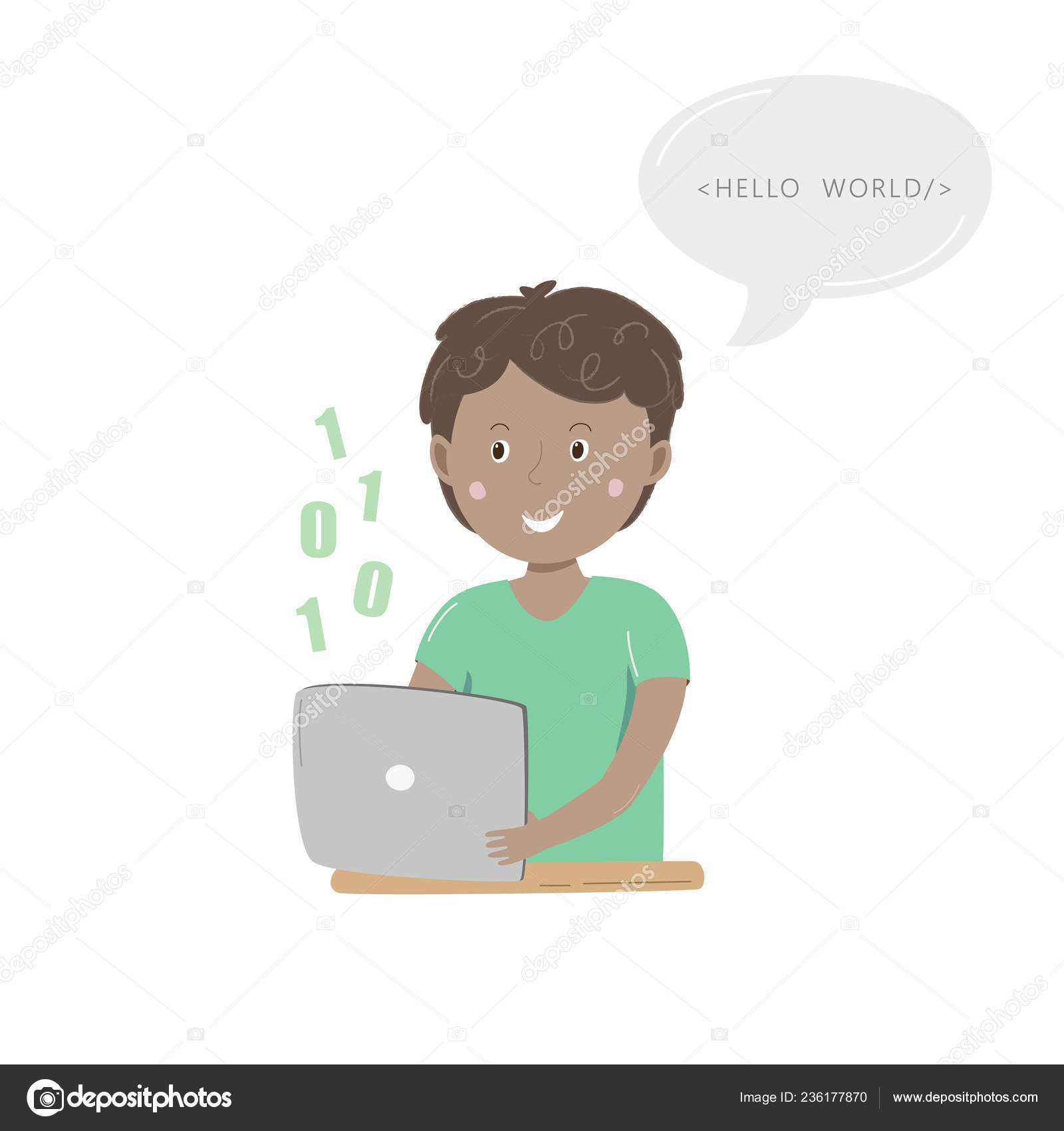 Kids coding. Happy boy sitting at his desk and learning coding with his ...