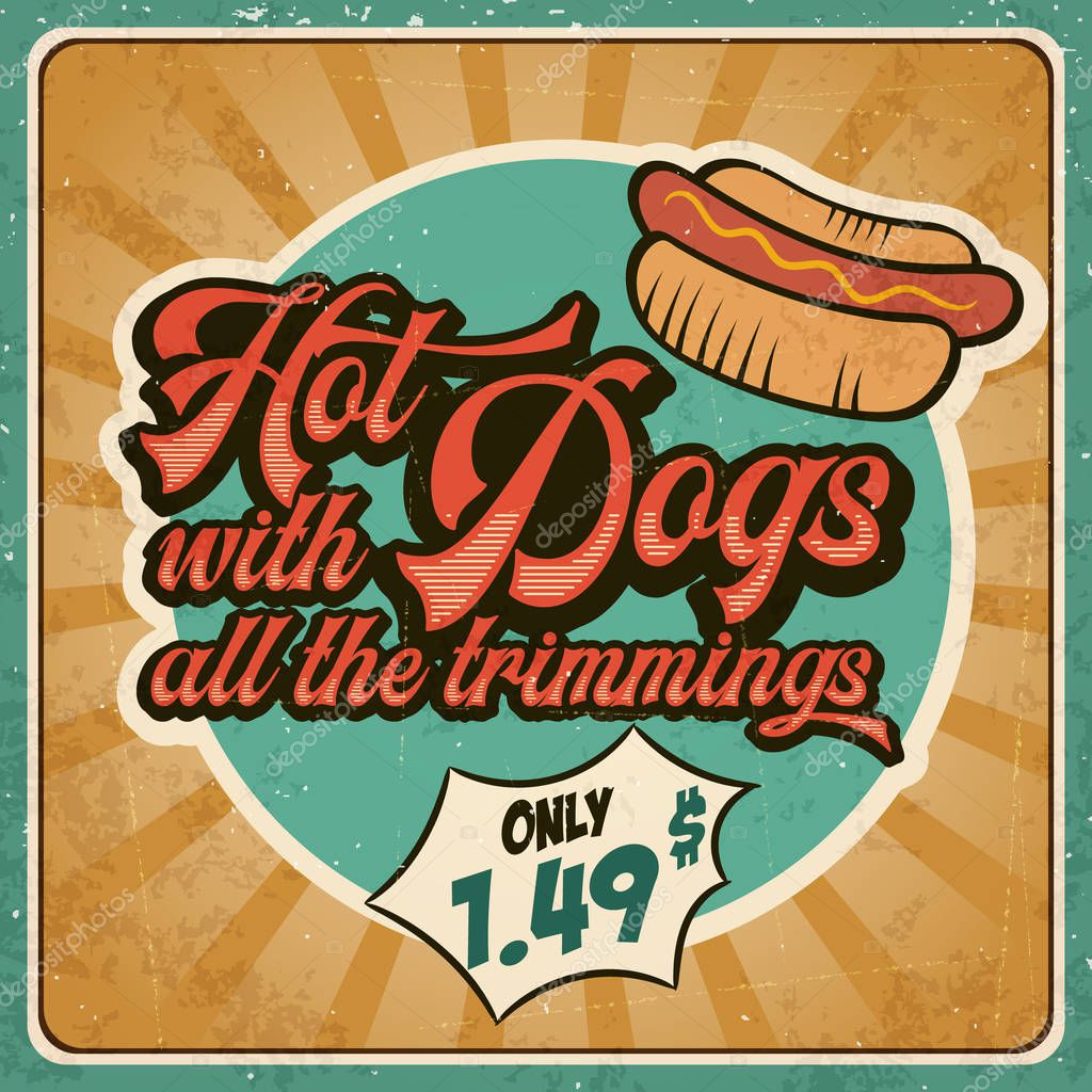 Signo de restaurante publicitario retro para perros calientes. Cartel ...