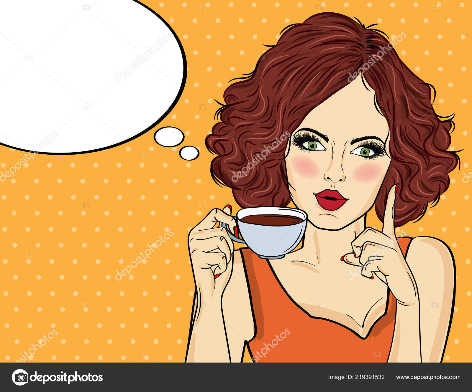 Sexy Pop Art Woman Coffee Cup Advertising Poster Comic Style Stock