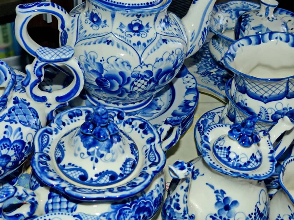 Home tableware in Russian traditional Gzhel style. Closeup. Gzhel ...