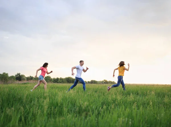 Group of people running in the grass, young people running around the ...